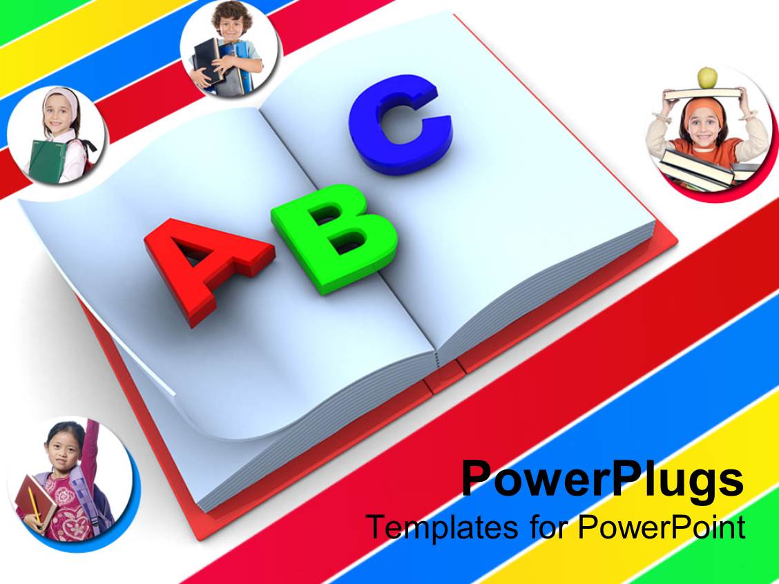 PowerPoint Template: Book with ABC, school children, students, learning ...