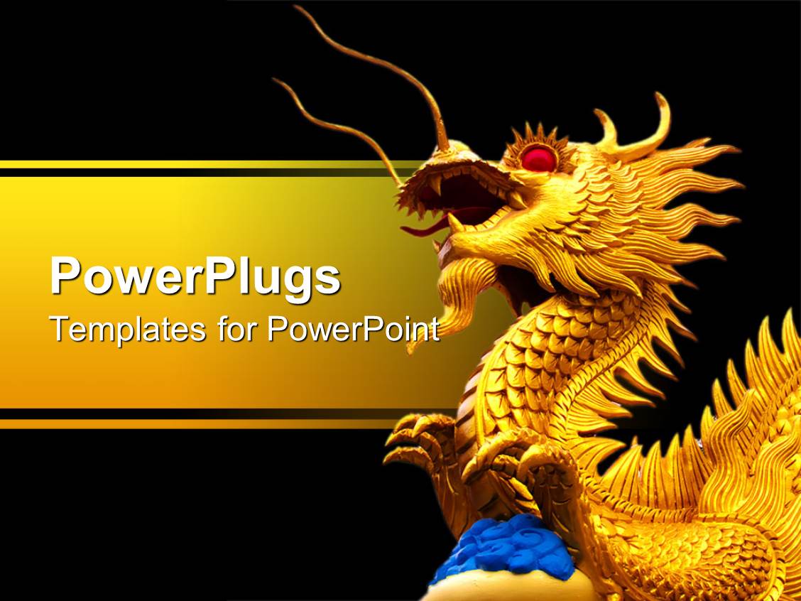 PowerPoint Template: a large gold colored 3D dragon with red eyes (14491)